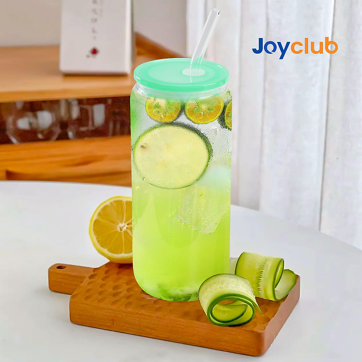 Joyclub 20 oz Glass Cups with Acrylic Lids and Straws 8pcs Can Shaped Glass Iced Coffee Cups with Lids, Drinking Jar Glasses Cute Tumbler Cup Great for Smoothie Soda Boba Tea Cocktail Beer Gift