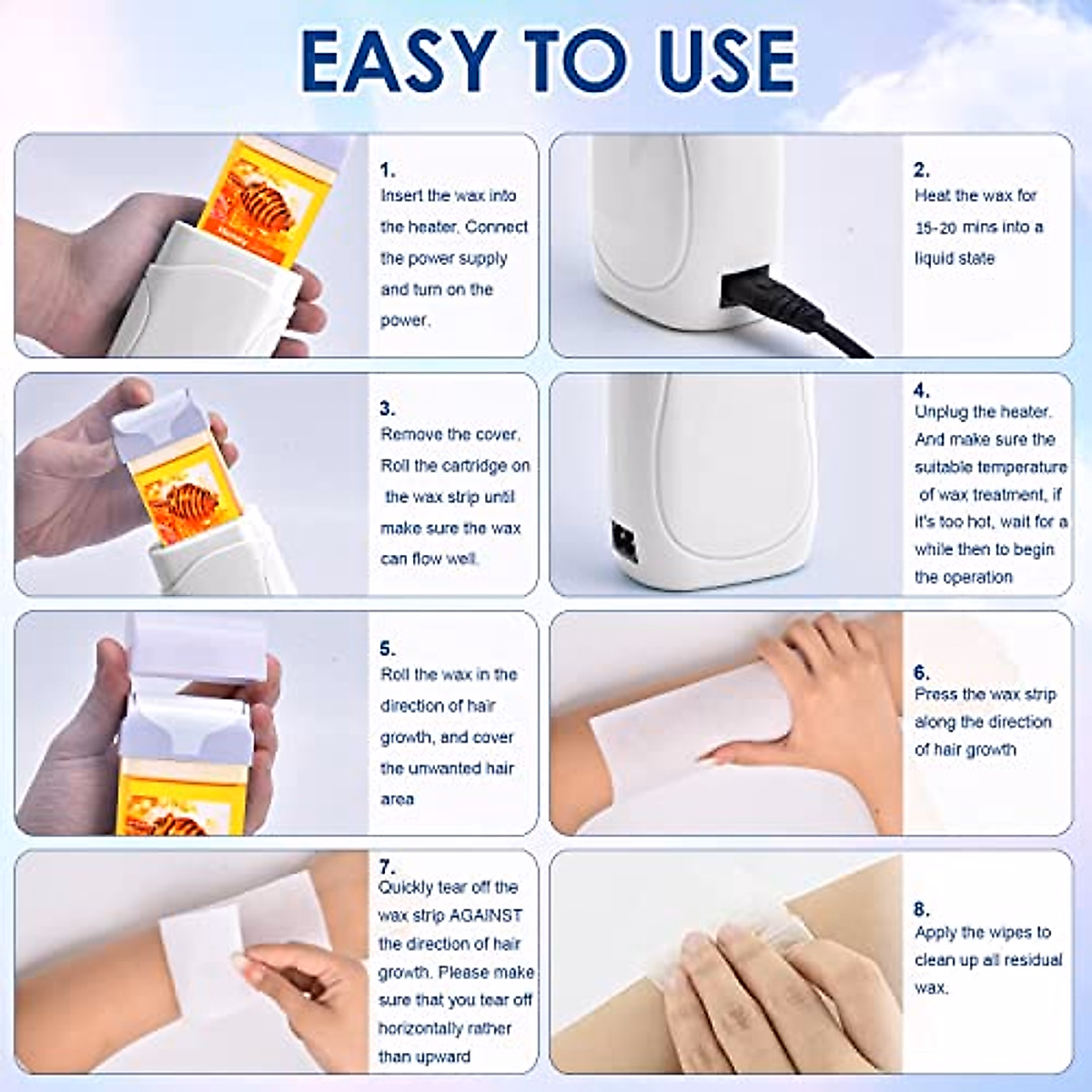 Tiktok Roll on Wax Kit, Waxing Kit for Women, Roll on Wax Warmer Kit for Hair Removal, Home Wax Roller Kit for Larger Areas of the Body, Roller Waxing Kit Including 2 Wax cartridges 100 Wax Strips and 10 Wax-removing Wipes