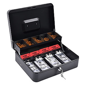 INFUN Cash Box with Money Tray, Durable Large Steel Money Boxes, 5 Compartment Tray, 4 Spring-loaded, come with 2 key, Black