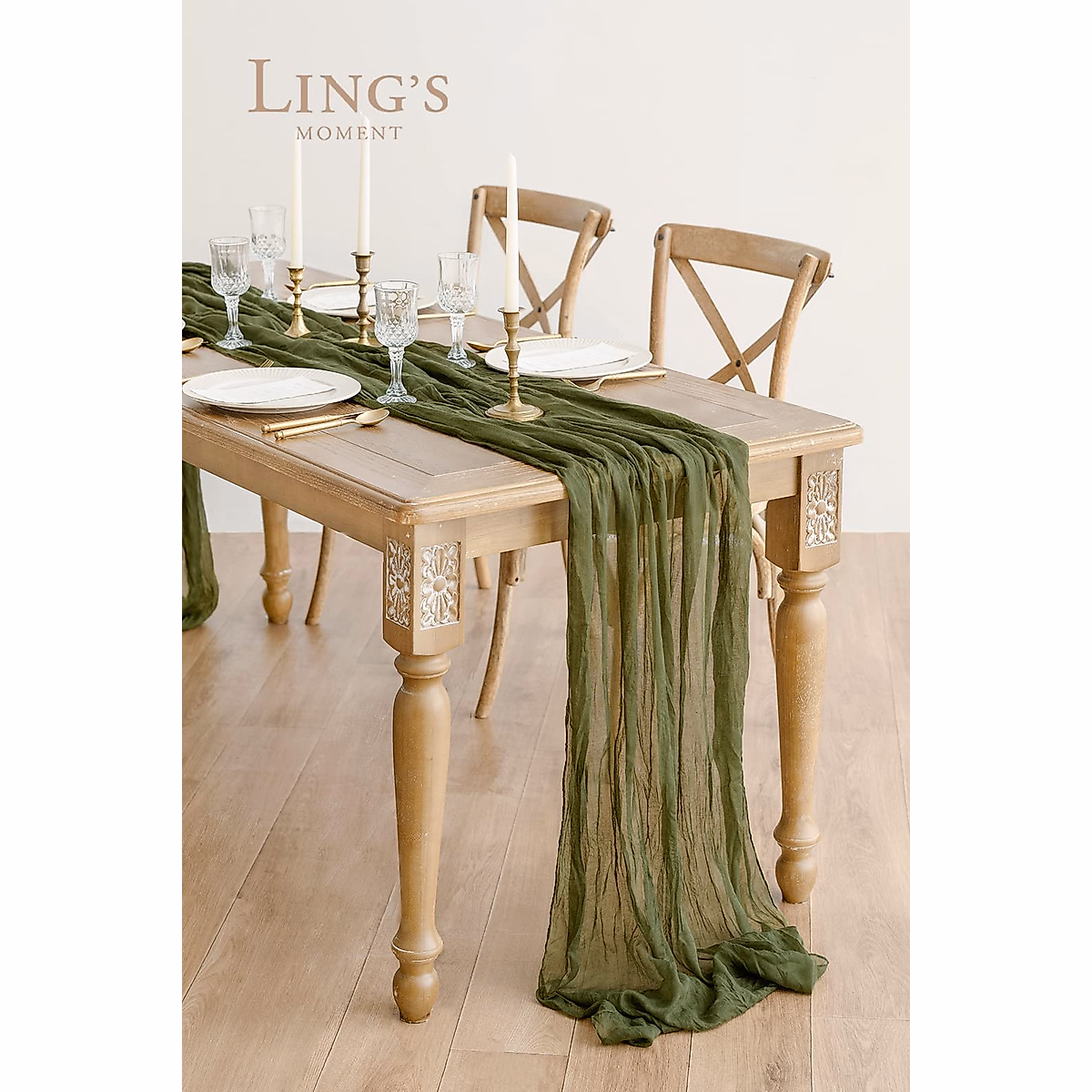 Ling's Moment 14Ft x 35" Wide Olive Moss Green Gauze Semi-Sheer Table Runner Cheesecloth Tablecloth for Wedding Party Bridal Shower Boho Table Decor Moss Green…