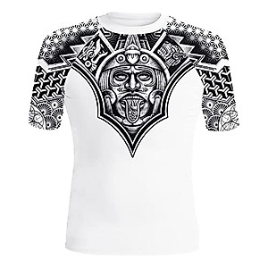 PERSONALFURY - Aztec Sun Calendar Men's Short Sleeves Compression Rash Guard MMA BJJ White Ultra Soft Rash Guard - L