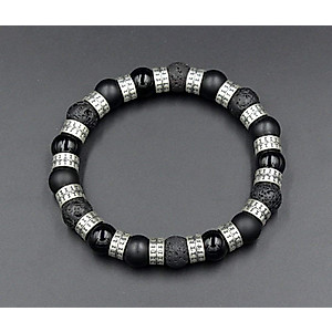 Mixed Black Stone and Sterling Silver Bracelet, Lava Stone, Matte Black, Polished Onyx, Bracelet for Men, Quality Beaded Jewelry
