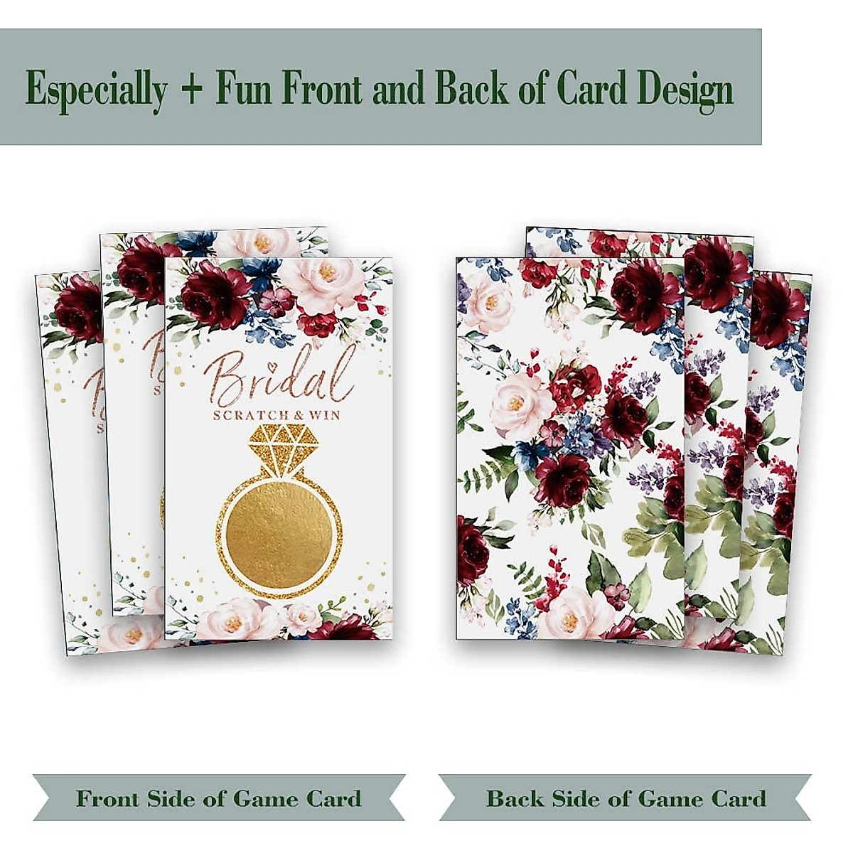 50 pack Bridal Shower Scratch Off Game，Rose Wine Red Flowers Bridal Lottery card, Country Wedding, Bridal Shower, Bridal Lottery Tickets, Wedding Shower Ideas (Diamond Ring Watercolor Plants)
