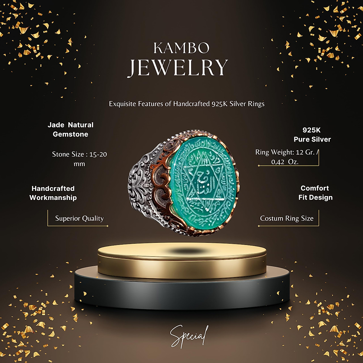 KAMBO Sterling Silver Men's Ring, Natural Black Onyx Gemstone, King Solomon Seal Ring, Unique Handmade Jewelry (Jade)