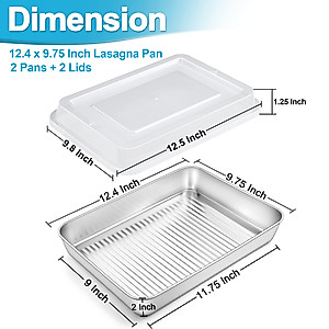 TeamFar Lasagna Pan, 12.4 Inch Stainless Steel Rectangular Textured Baking Pan with Lid, Corrugated Bottom & Deep Side, Non-Toxic & Heavy Duty, Dishwasher Safe - (2 Pans + 2 Lids）