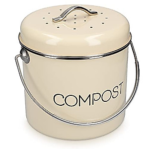 Navaris Compost Bin for Kitchen Counter - 1.3 Gallon (5L) Metal Countertop Indoor Composter Bucket with Charcoal Filter and Lid - Cream, Size Medium