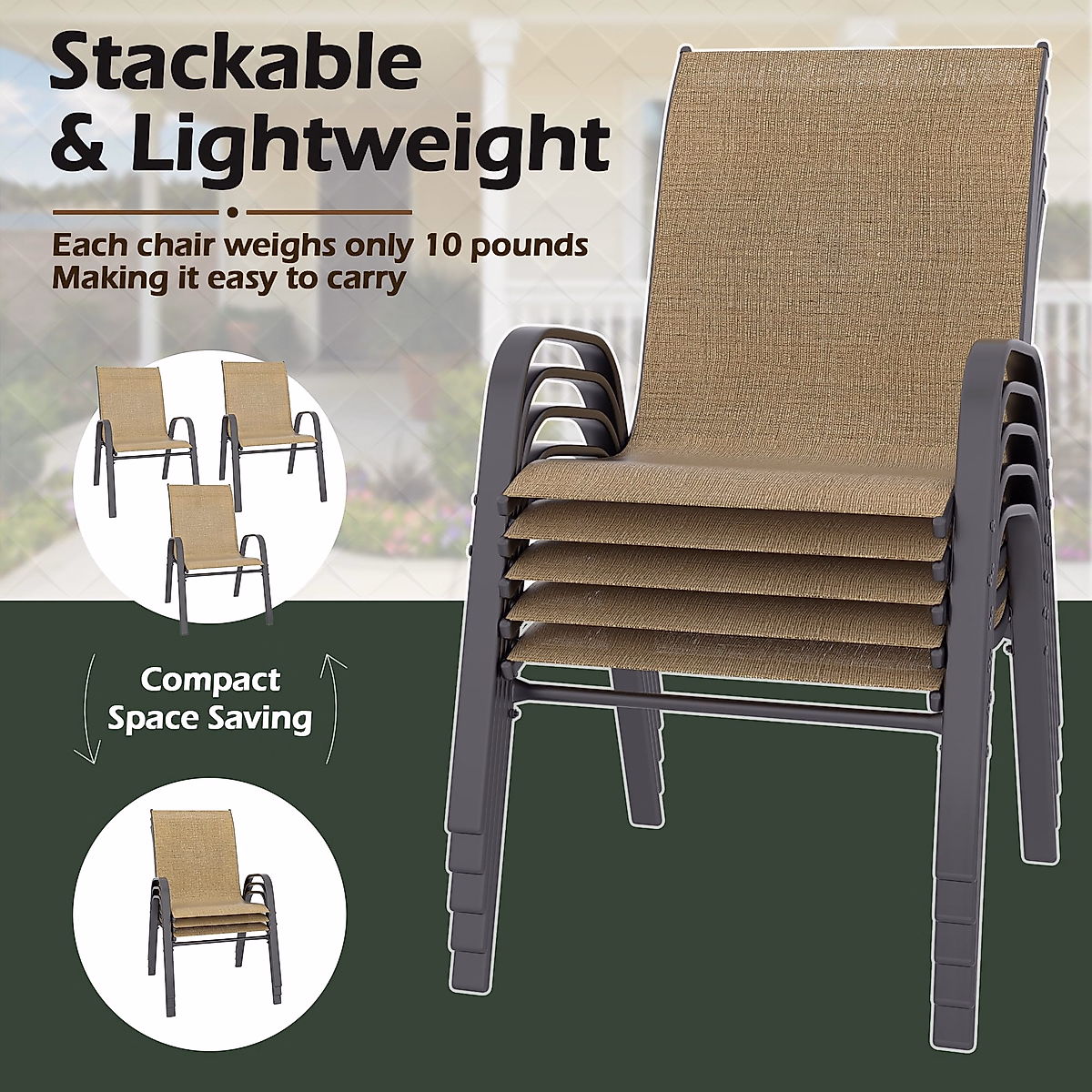 Betterhood Patio Chairs Set of 4, Stackable Outdoor Dining Chairs Set with Breathable Seat Fabric, All-Weather Powder-Coated Metal Frame for Deck, Pool Side and Backyard, 350LBS Capacity (Khaki)