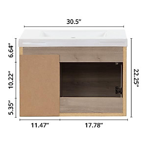 Spring Mill Cabinets Kelby 30 Inch Modern Floating Bathroom Vanity with White Single Sink Top, 1-Door Cabinet, 1 Soft-Close Drawer, 30.5" W x 18.75" D x 22.25" H, Forest Elm