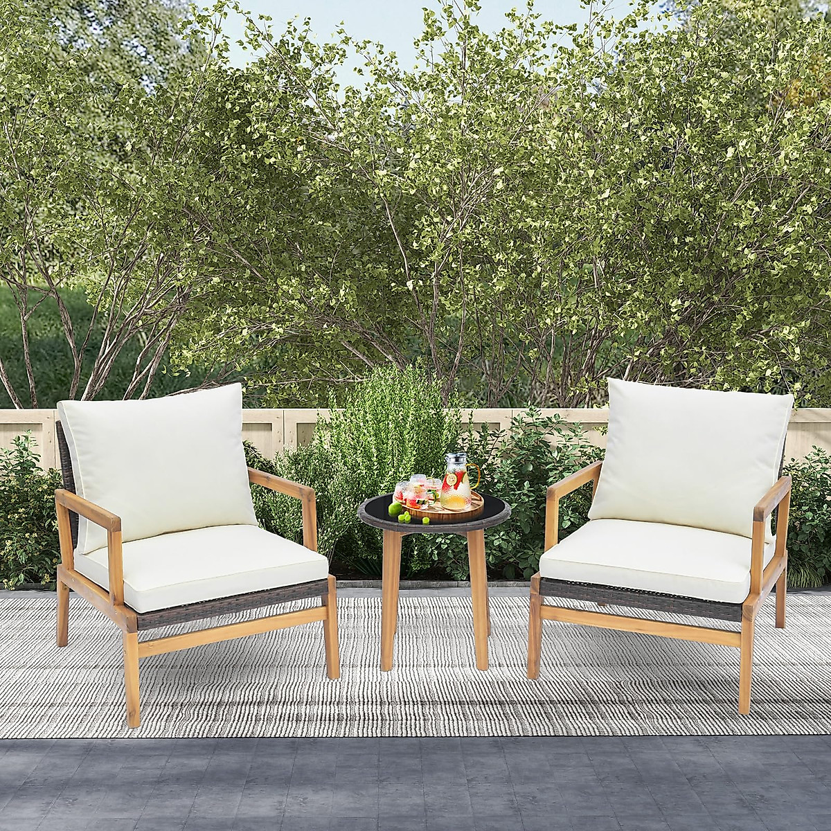 HAPPYGRILL 3 Pieces Patio Bistro Set, Wicker Acacia Wood Outdoor Furniture Set with Cushions, Tempered Glass Side Table, PE Rattan Wicker Chair with Table for Porch, Balcony, Deck