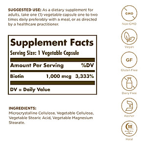 Solgar Biotin 1000 mcg - 100 Vegetable Capsules - Supports Healthy Skin, Nails & Hair - Non-GMO, Vegan, Gluten Free, Dairy Free, Kosher, Halal - 100 Servings