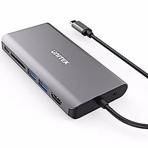 UNITEK Hub USB-C with Power Delivery, HDMI v.1.4 4K@30Hz, Ethernet/Internet Connection, 2 x USB 3.0, USB C with PD 100 W, 20 V/5 A, SD Card Reader, 3.5 mm Audio Connection, Aluminium, Grey
