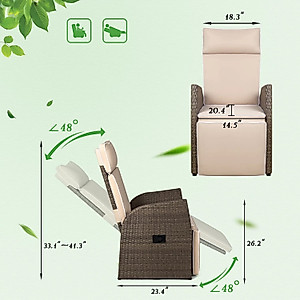 Greesum Patio Recliner All-Weather Wicker Lounge Chair with Flip-up Side Table(Set of Two), Beige