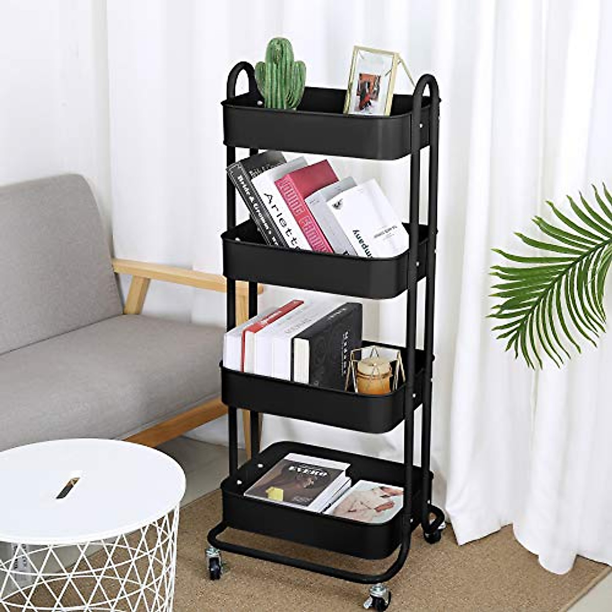 4-Tier Metal Mesh Utility Rolling Cart Storage Organizer Shelf Rack with Lockable Wheels for Living Room Kitchen Office, Black