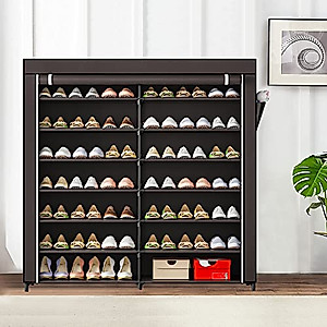LINZINAR Shoe Rack Storage Organizer 42 Pairs Portable Double Row with Nonwoven Fabric Cover Shoe Cabinet for Closet (7 Tier, Coffee)