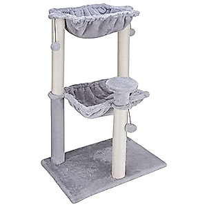 Dimaka Cat Tree Tower with 2 Big Soft Spacious Top Hammocks for Indoor Cats,Multi-Level Cat Furniture with 3 Dangling Balls for Adult Cats,Gray(33.5" Tall)