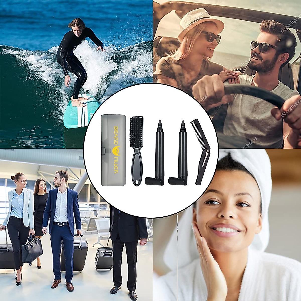 TIANWEI 2PCS Black Beard Pencil Filler for Men, Beard Filling Pen Kit - WaterProof, Long Lasting Coverage & Natural Looking -Easy Carry Plastic box-Beard Brush and Folding Comb Included