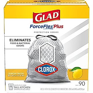 GLAD ForceFlexPlus Tall Kitchen Trash Bags, 13 Gallon Trash Bags for Tall Kitchen Trash Can, Lemon Fresh Bleach Scent to Eliminate Odors, 90 Count (Package May Vary)