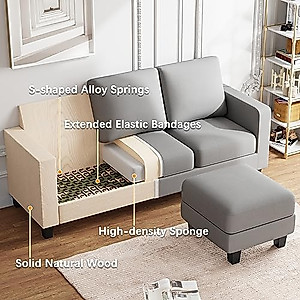 Furniwell Convertible Sectional Sofa Couch, L Shaped 3-Seat Small Couch for Living Room with Ottoman Modern Fabric Reversible Chaise for Apartment and Small Space(Light Gray)
