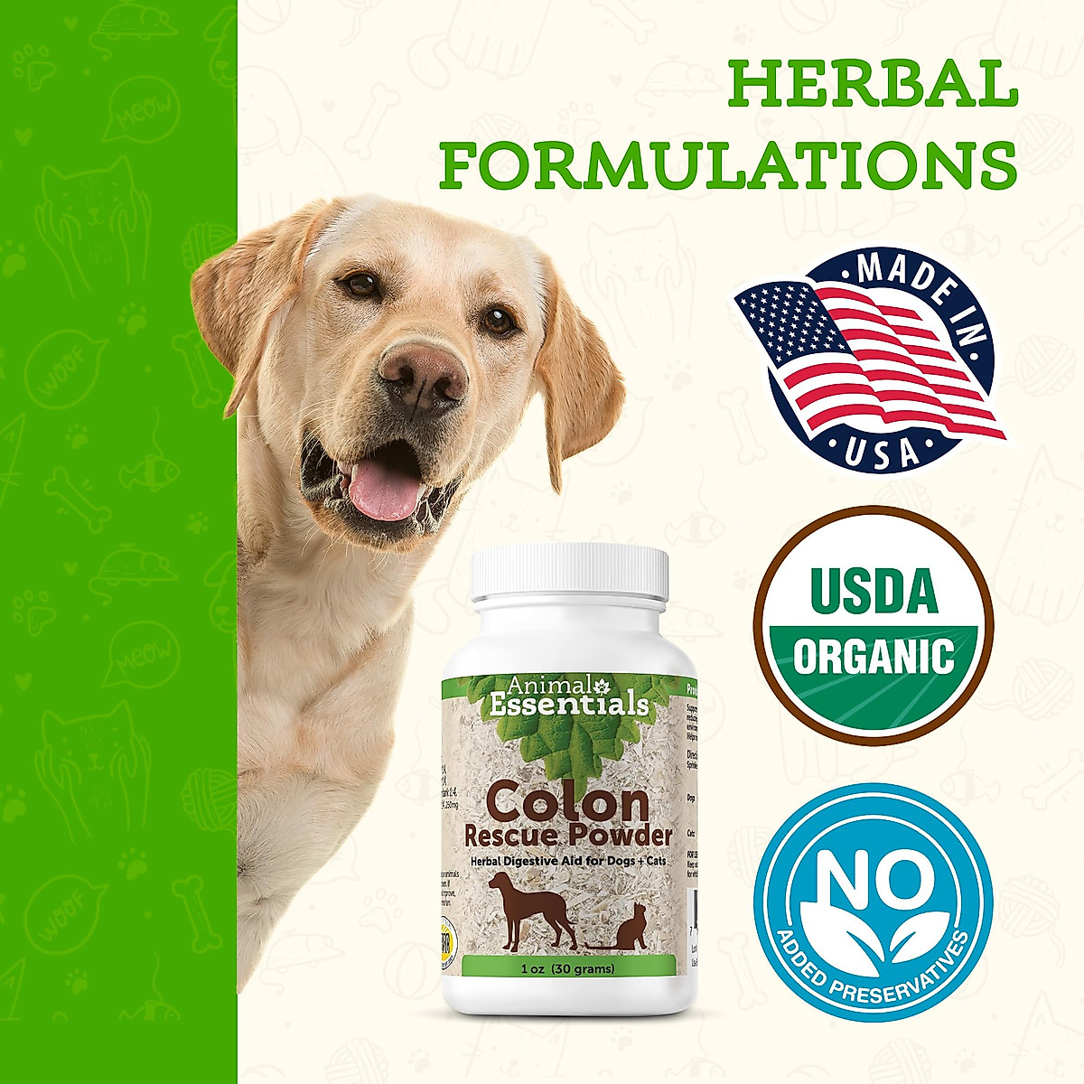 Animal Essentials Colon Rescue Powder - Herbal Digestive Aid for Dogs & Cats, Phytomucil, Healthy Gastrointestinal Tract, Certified Organic Herbs, No Preservatives, Glycerin-Based Formula - 1 Oz