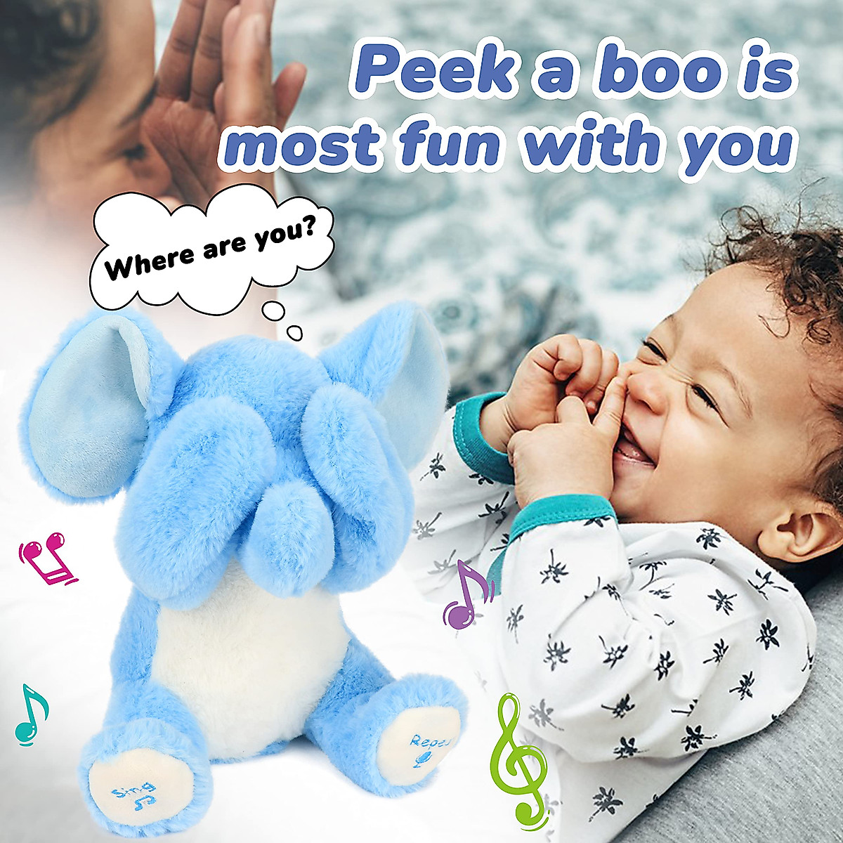 Hopearl Peek A Boo Elephant Interactive Repeats What You Say Plush Elephish Toy Musical Singing Talking Stuffed Animal Adorable Electric Animate Birthday Festival, Blue, 11.5''