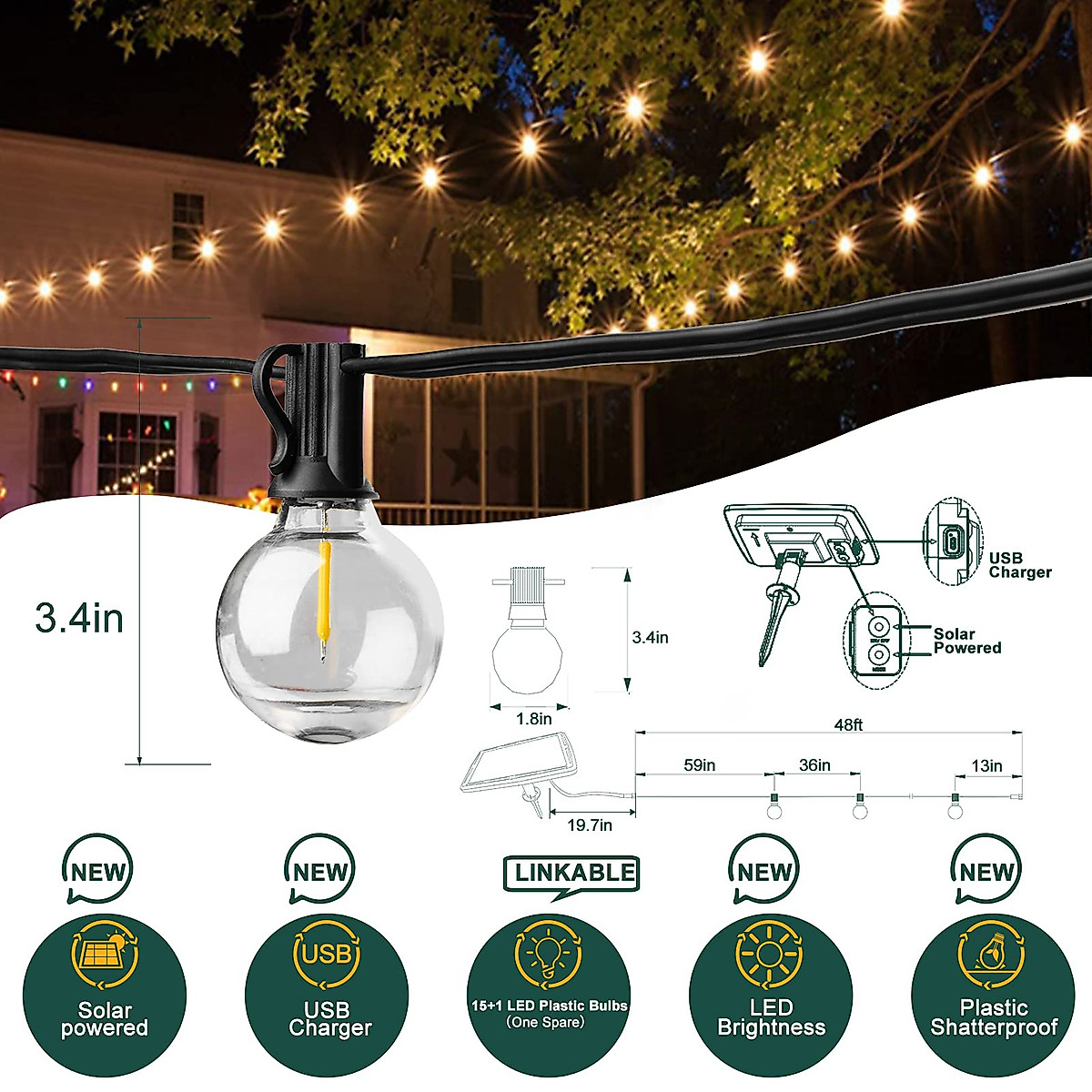 ACOHOOK 48FT Outdoor Solar String Lights, Solar Cafe Lights, Commercial Grade Solar String Lights for Outside,4 Light Modes,USB& Solar Powered String Lights with Waterproof Plastic 15+1(Spare) Bulbs