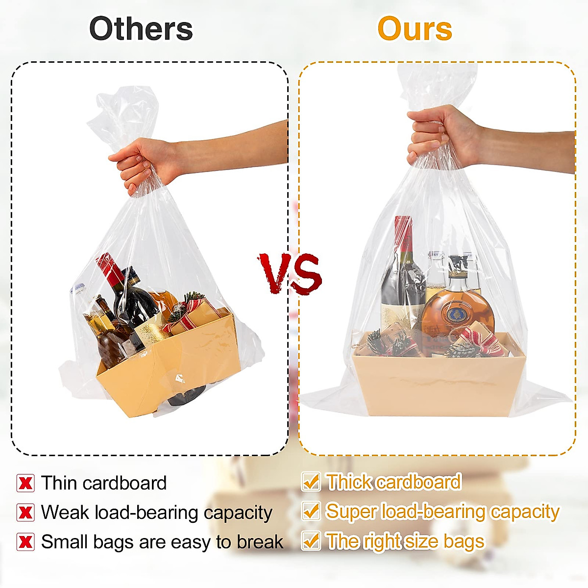 6 Pack Baskets for Gifts Empty- Large Sturdy Kraft Gift Basket Kit with Pull Bows and Clear Gift Bags for Christmas Wedding Birthday Party Gift Wrapping