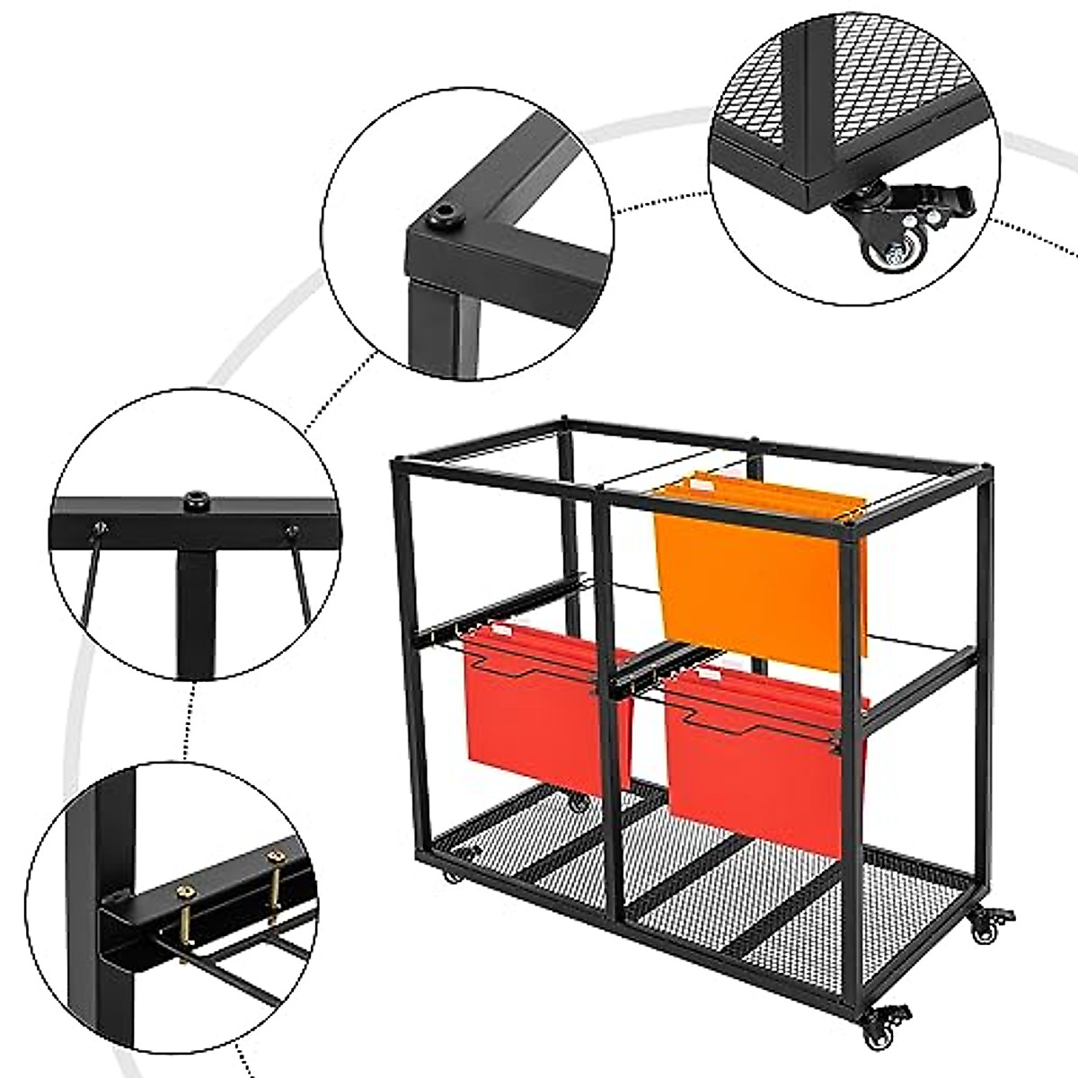 2 Tiers 4 Compartments Rolling File Carts with Wheels, Heavy Duty Rolling Pull-Out File Folder Rack Drawer File Cabinet for Home Office, Hanging Files for Letter Size