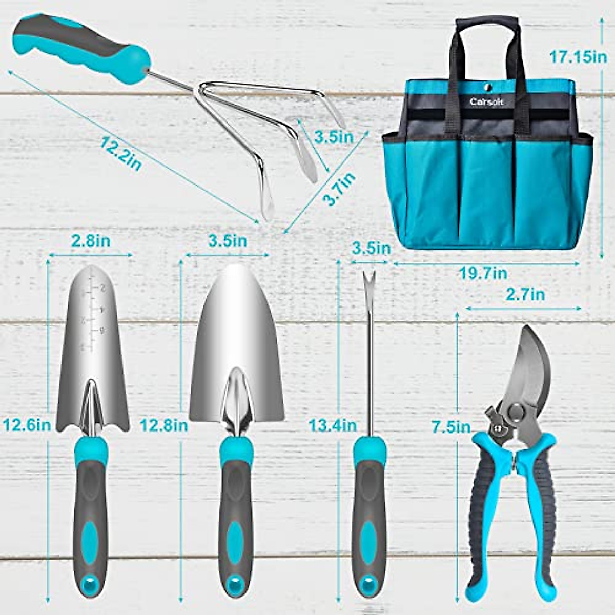 Gardening Tools, Carsolt 7 Piece Heavy Duty Stainless Steel Garden Tools Set with Ergonomic Rubber Handle. Variety of Gardening Hand Tools for Planting Gardening Kit with Gift Box Ideal Garden Gifts