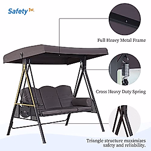 PURPLE LEAF Outdoor Patio Porch Swing with Stand, 3-seat Swing Chair with Adjustable Tilt Canopy All-Weather Steel Frame for Backyard Front Porch Lawn, Cushions and Pillow Included, Grey