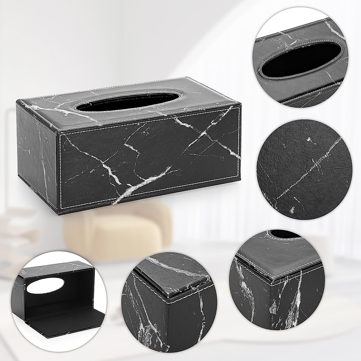 Sumnacon Rectangular Large or Medium Linen Tissue Box Cover - Stylish Tissue Box Holder with Magnetic Bottom (Marble Black, Medium)