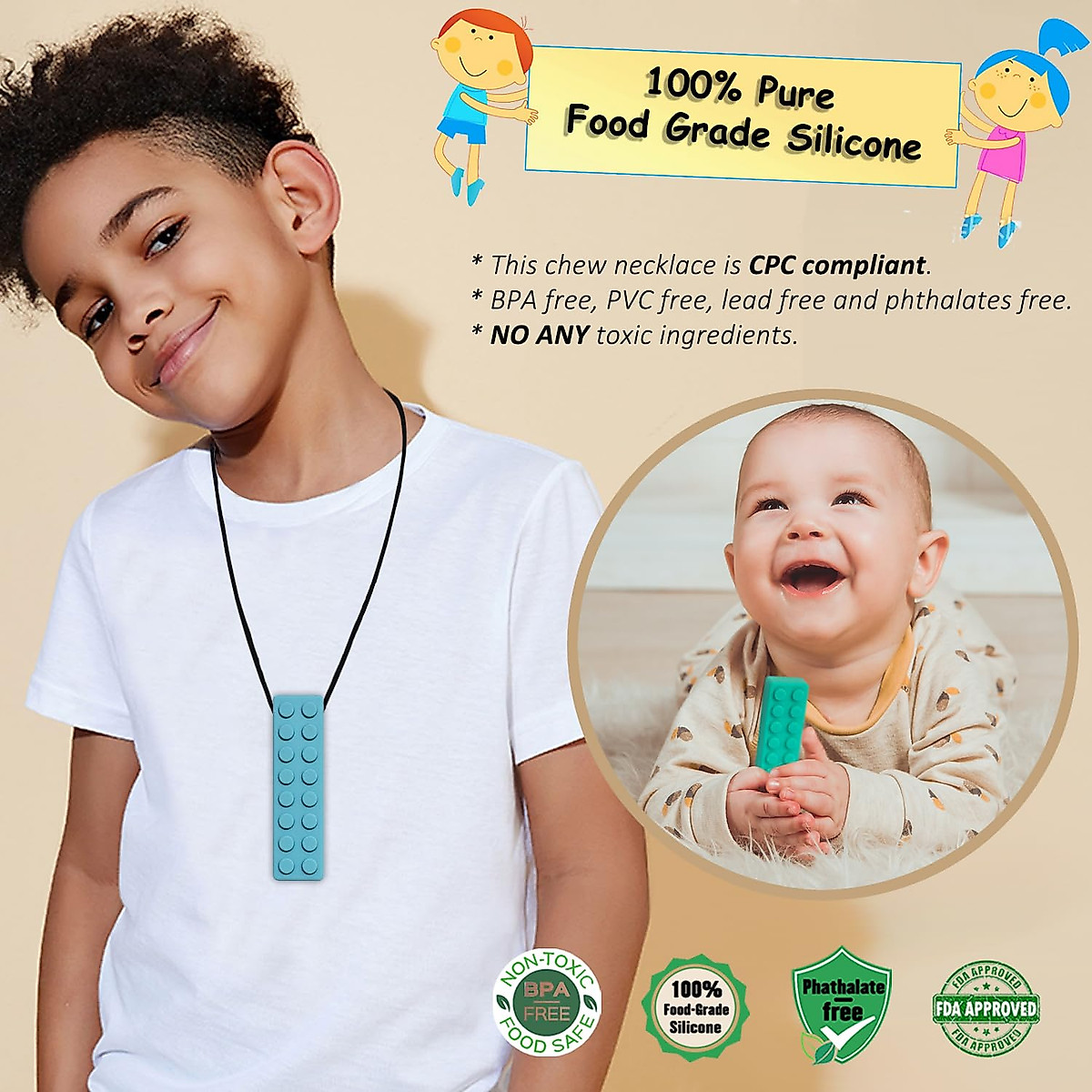 Chew Necklace, Silicone Chew Necklaces for Sensory Kids and Adults, 4 Pack Mouth Fidgets Chewy Necklace Sensory Chew Toys for Boys Girls with Autism Anxiety ADHD, BPA Free