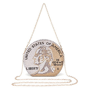Covelin Women's Dollar Coin Handbag Rhinestone Purse Evening Clutch Bag Golden