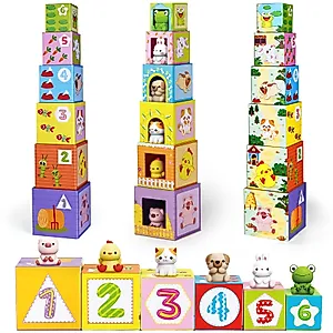 ShyLizard Toddler Farm Animal Sorting and Stacking Toys, Nesting Boxes and Blocks With Finger Puppets - Gifts for 1-3 Year Olds