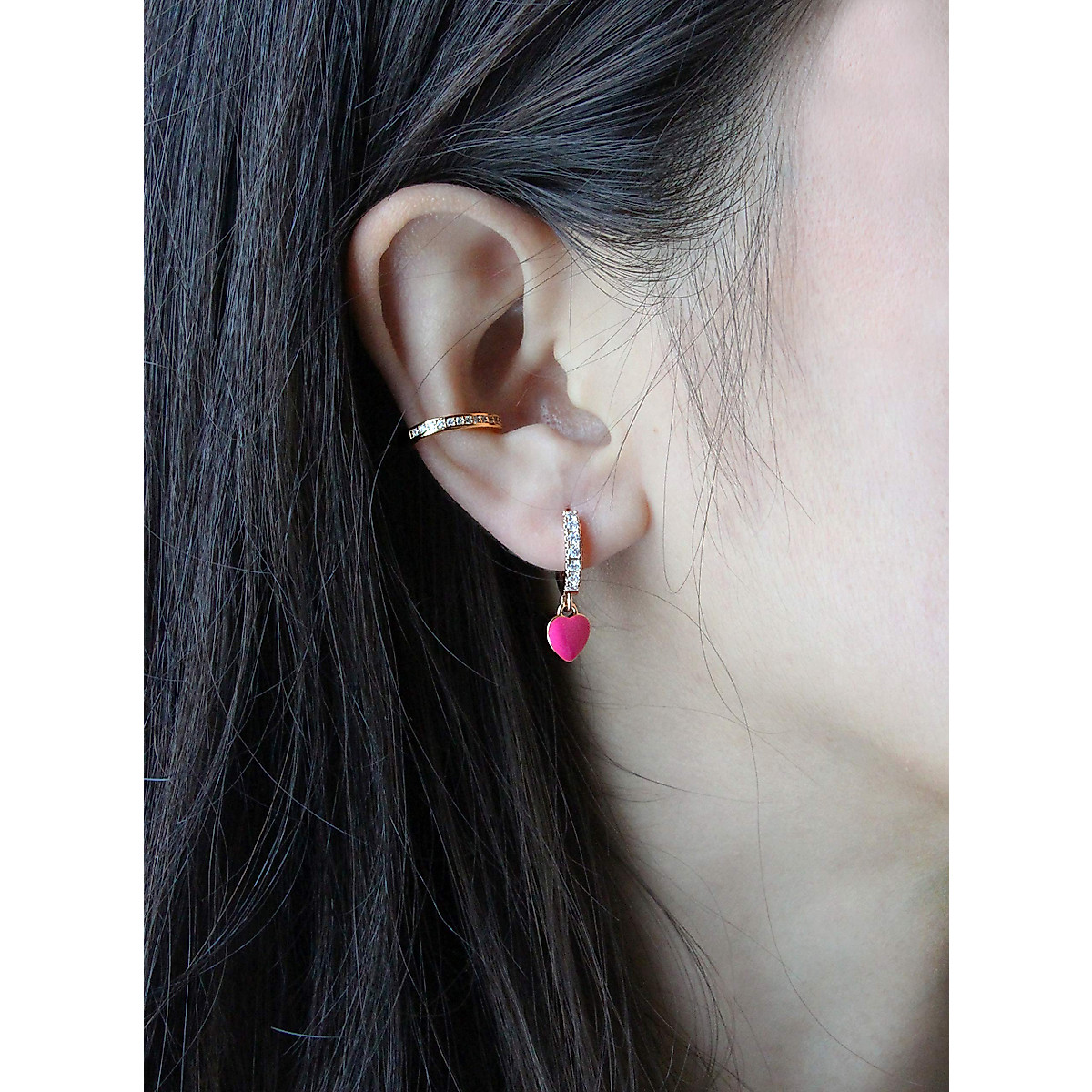 14K Gold Plated Pink Heart Dangle Drop Earrings for Women CZ Huggie Hoops Charm Earrings Dangling Hot Pink Enamel Love Heart Earrings Dainty Cute Valentines Day trendy Jewelry