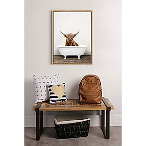 Kate and Laurel Sylvie Highland Cow in Tub Color Framed Canvas Wall Art by Amy Peterson, 18x24 Natural, Chic Animal Art for Wall