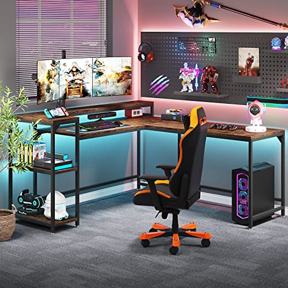 Tribesigns L Shaped Desk with Monitor Stand and Storage Shelves, Farmhouse Corner Computer Desk with Hutch, Crafting Gaming Table for Home Office, Rustic Style