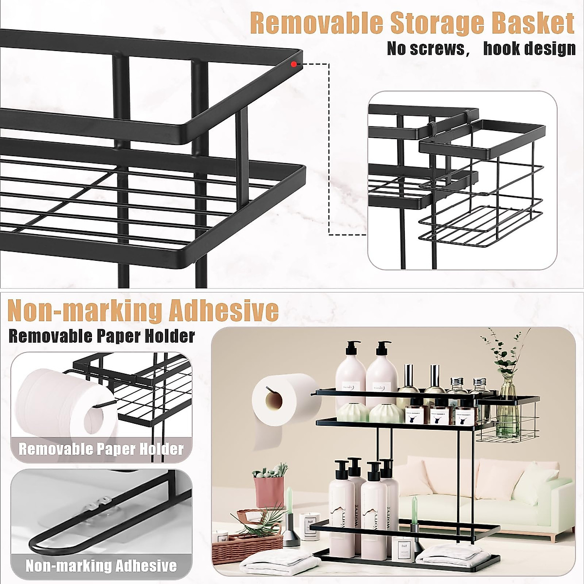 IIQ Over The Toilet Storage,2-Tier Bathroom Organizer Over Toilet with Removable Basket Paper Holder, Above Toilet Storage with Non-Trace Adhesive, No Drilling Toilet Organizer