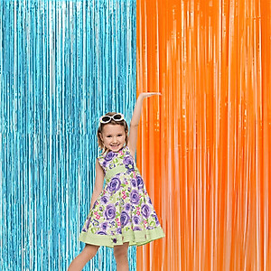 MIKIMIQI 2 Pack Blue Orange Foil Metallic Fringe Curtains for Party Decorations Blue Orange Curtain Backdrop Streamer for Birthday Party Dart War Party Supplies Party Decors, 3.25ft x 6.5ft x 2pcs