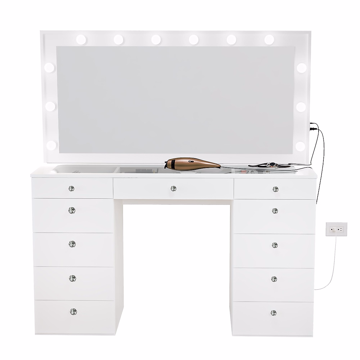 Boahaus Orla Extra Large Makeup Vanity Desk with Lights Built-in, Power Outlet, 11 Drawers, Hollywood Vanity Mirror, Glass Top Vanity, Crystal Knobs, White Big Vanity, 61.02''Hx56.3''Wx20.08''D