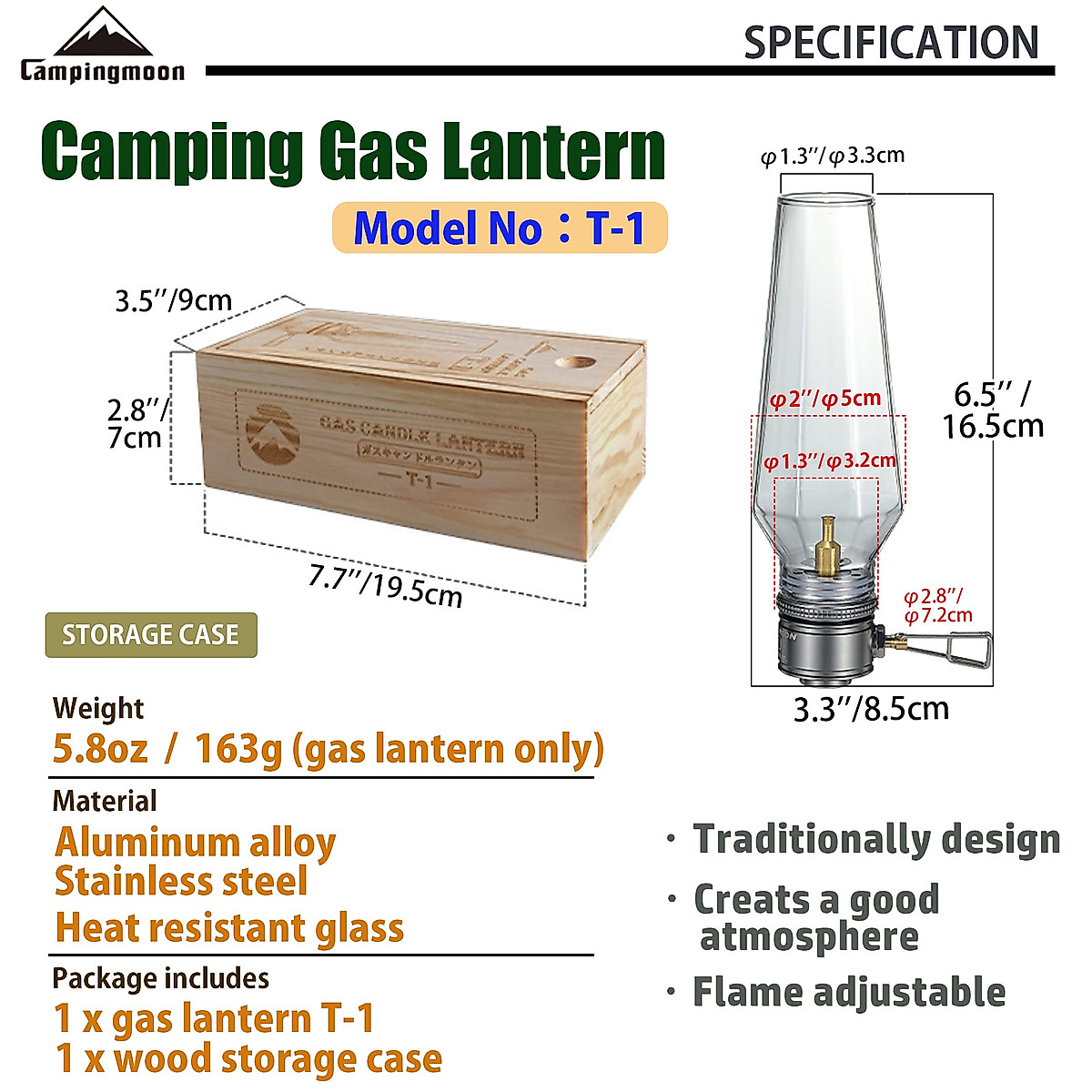 CAMPINGMOON Camping Gas Lantern with Wooden Lantern Case T-1