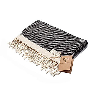 SMYRNA TURKISH COTTON Herringbone Series Hand Towels-Set of 2|16 x 40 in|100% Turkish Cotton|Large, Soft Hand and Head Towels for Bathroom, Kitchen|Don't Shrink|Premium Luxury - Black