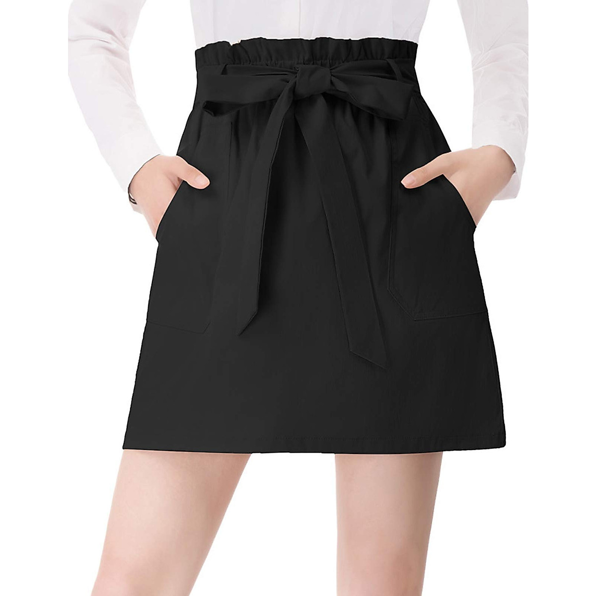 KANCY KOLE Women Tie Waist Skirts Paper Bag Elastic Waist Short Casual Skirt with Pockets Black