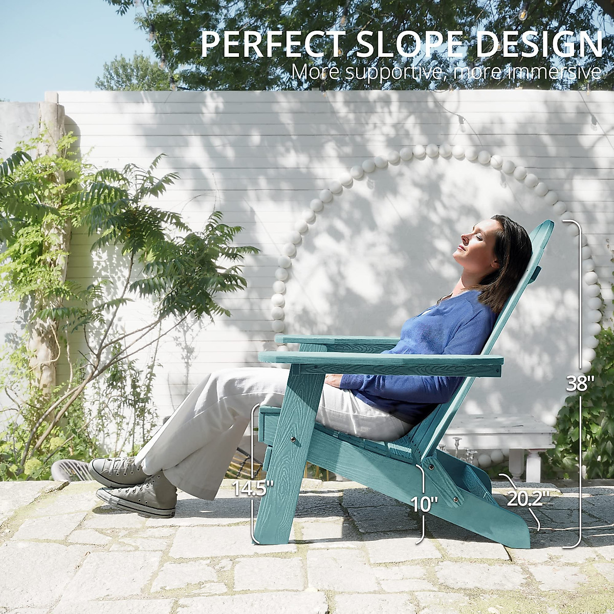 LUE BONA Folding Adirondack Chair Set of 4, Blue Turquoise HDPS Fire Pit Patio Chairs Weather Resistant, Modern Plastic Outdoor Chairs with Cup Holder