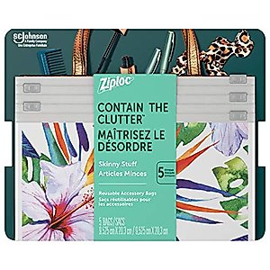 Ziploc Reusable Travel Makeup and Accessory Bags, Boho Collection, Skinny Size, 5 Count