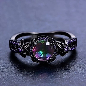 Gothic Black Gold Rretro Female Ring Mysterious Rainbow Topaz With The Creation of Amethyst Flower Gothic Black Gold Engagement Gems Ring-9