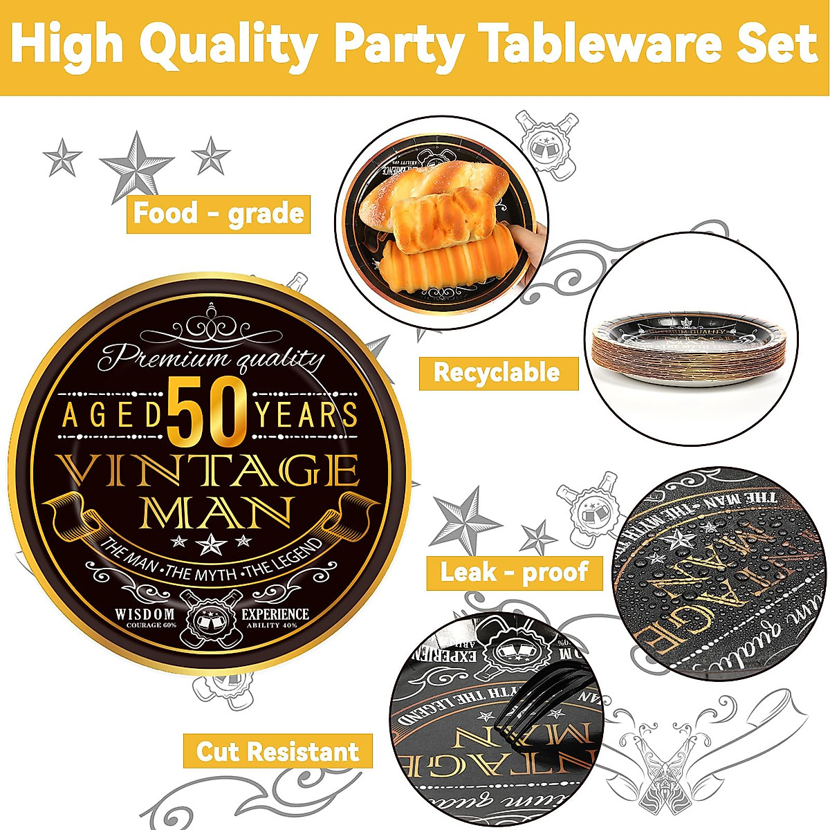gisgfim 200 PCS Vintage 50th Birthday Plates and Napkins Party Tableware Set 1975 50th Birthday Party Table Supplies Cheers to 50 Years Paper Plate Napkin Fork 50 Guests for Men