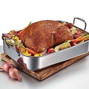 Anolon Triply Clad Stainless Steel Roaster / Roasting Pan with Rack - 17 Inch x 12.5 Inch, Silver
