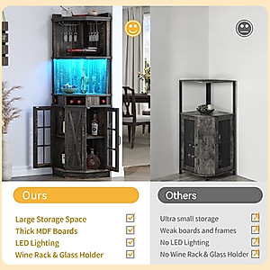 DWVO Corner Bar Cabinet with Glass Door & LED Lights, 72" Tall Farmhouse Liquor Cabinet Bar with Glass & Wine Holder, 6-Tiers Alcohol Cabinet for Dining Room, Living Room, Kitchen, Dark Rustic Oak