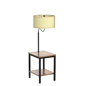 LityMax LED Floor Lamp with Table - Rustic End Table with USB Charging Port, Power Outlet, Bedside Nightstand Shelves, Side Table with Reading Standing Light for Living Room, Bedroom, Bulb Included