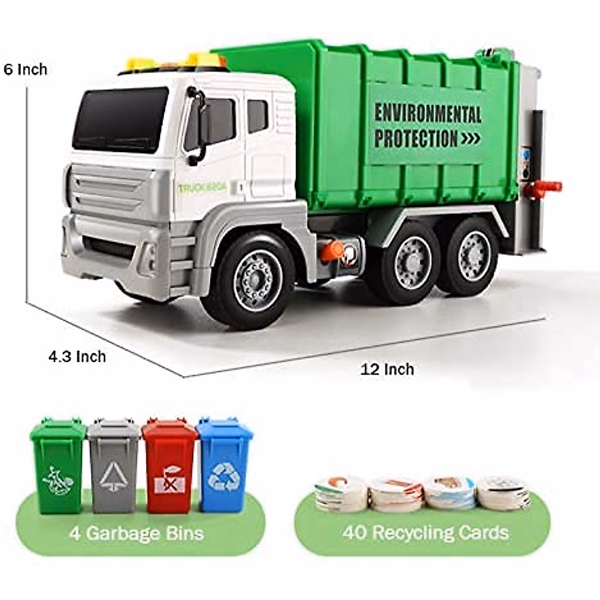 Garbage Truck Toys for Boys & Girls - Trash Truck Toys with Lights & Sounds Includes 4 Toy Garbage Cans, 40 Garbage Recycling Sorting Cards. Educational Toys for Toddlers & Kids Ages 3 4 5 6+